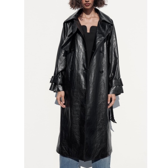 Zara | Jackets & Coats | Nwt Zara Belted Faux Leather Trench Black ...